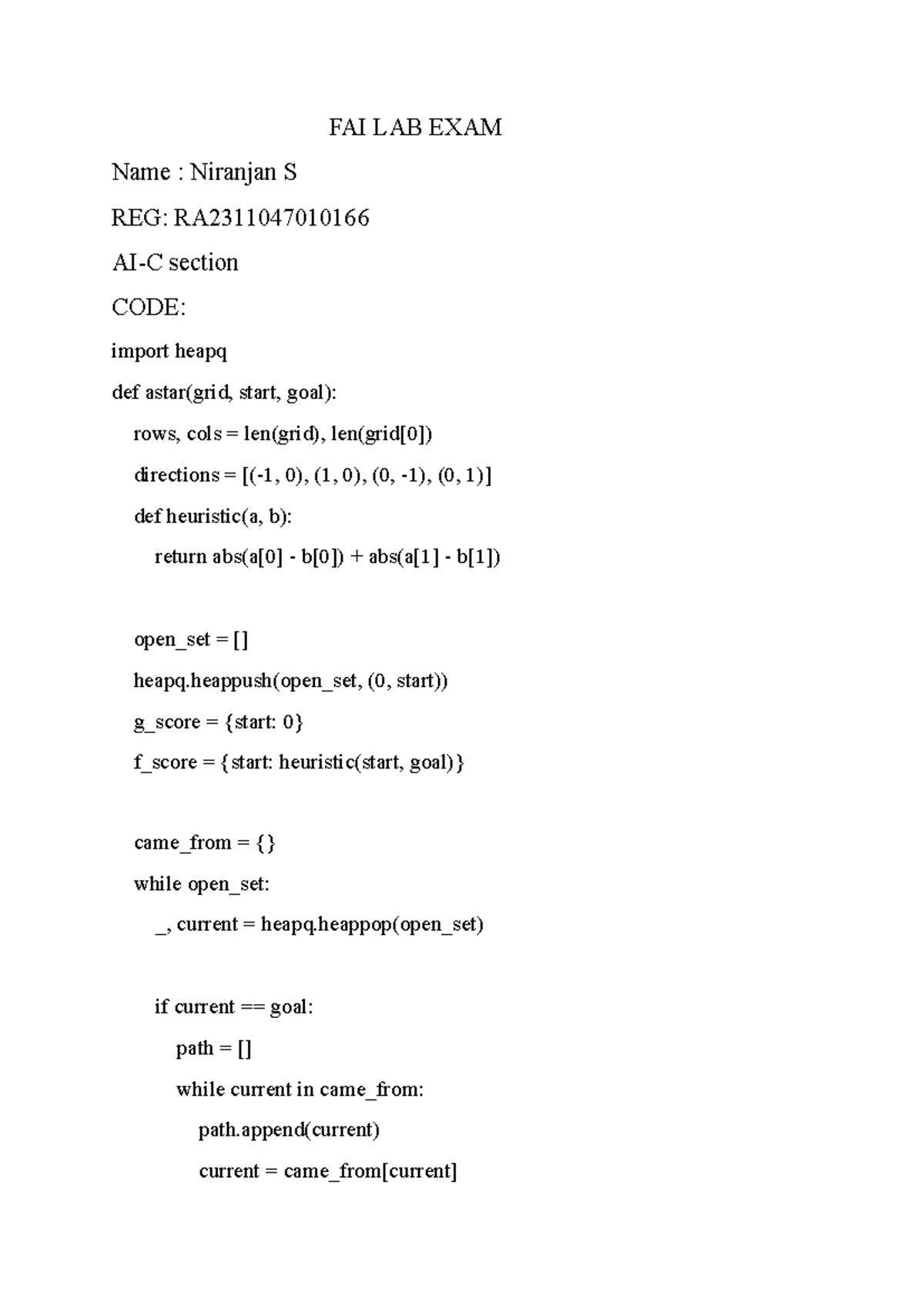 FAI LAB EXAM - Ggwhhw - FAI LAB EXAM Name : Niranjan S REG: RA AI-C ...