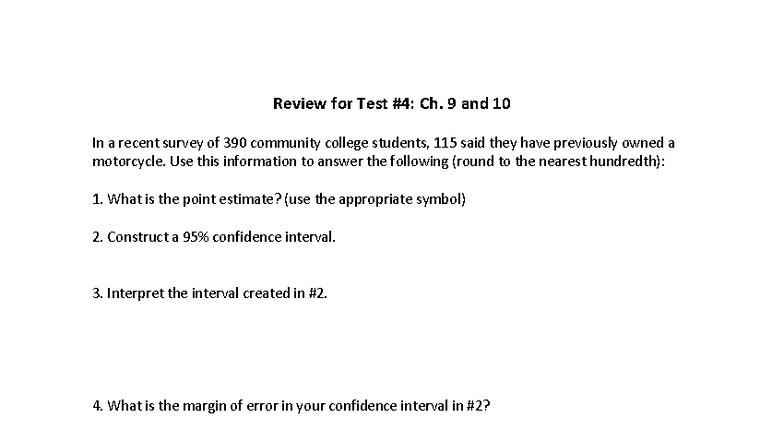 Review for Test 4-1: Confidence Intervals & Hypothesis Testing - Studocu