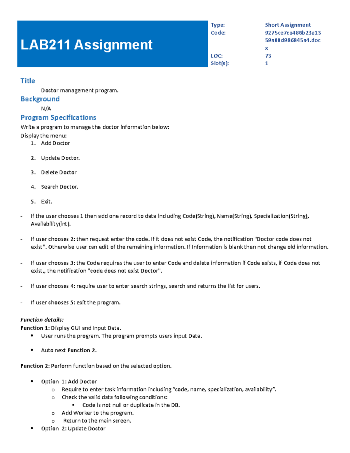 LAB211 - Doctor Management Program Short Assignment Guide - Studocu