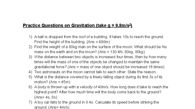 Class 9 - Practice Questions On Gravitation - Practice Questions on Gravitation (take g = 9/s 2 ...