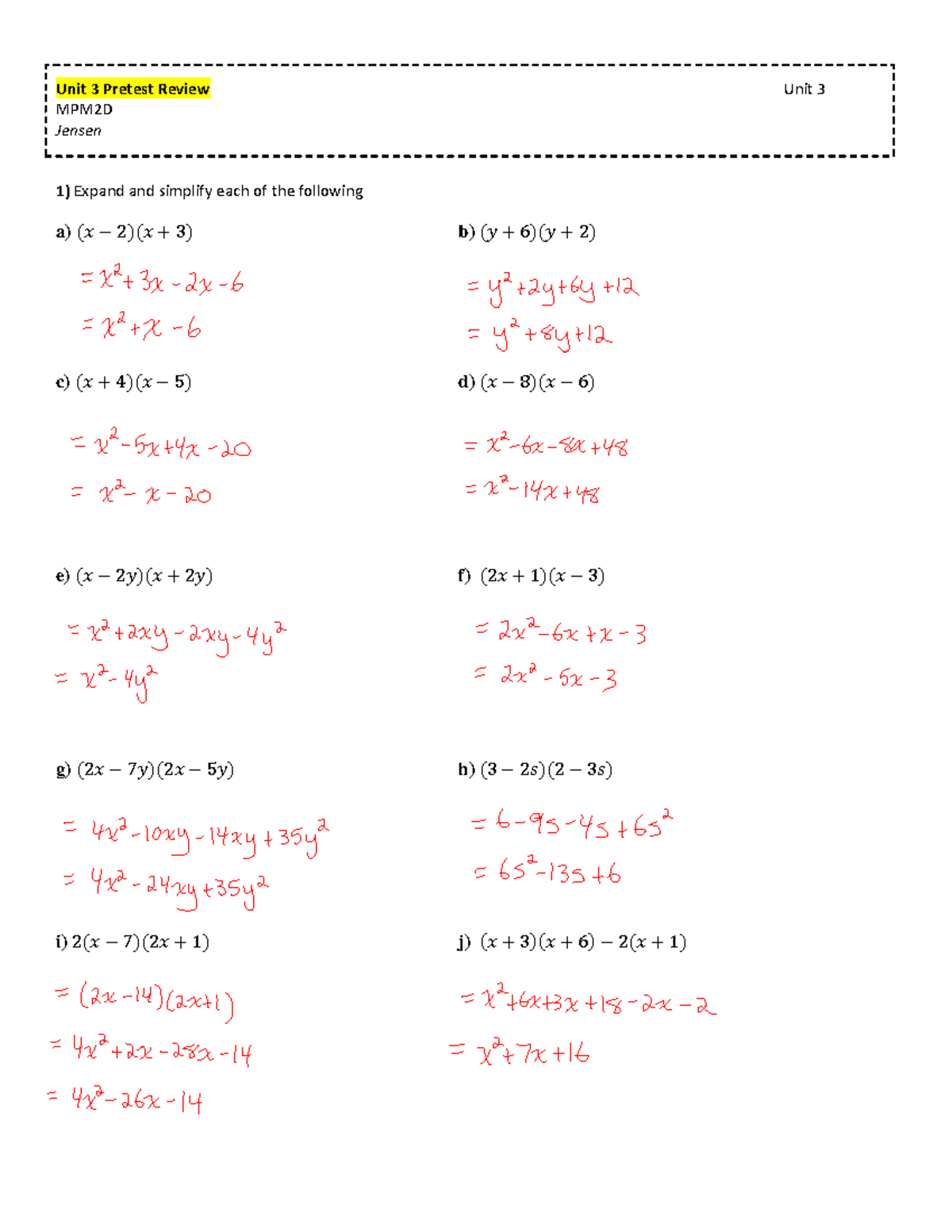 Unit 3 Pretest Review Solutions MPM2D - Factoring and Expansion - Studocu