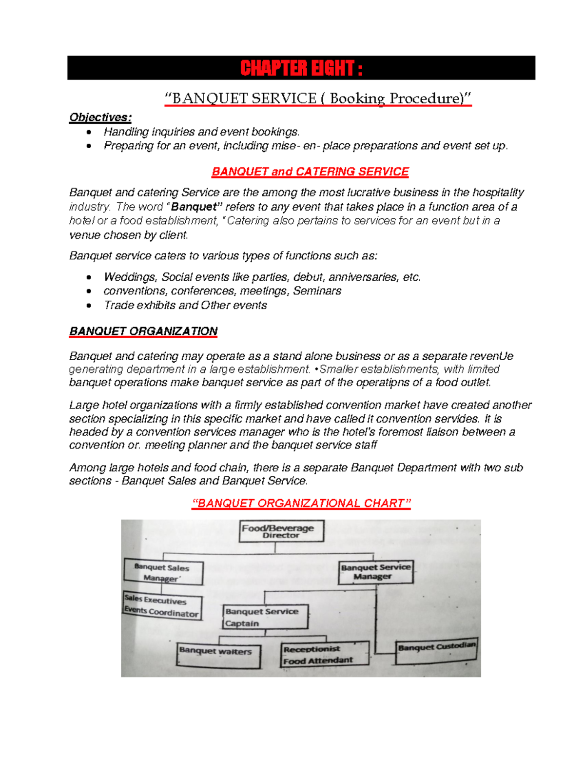 Olhpc 002 Chapter 8 - Banquet Service: Booking Procedures & Roles - Studocu