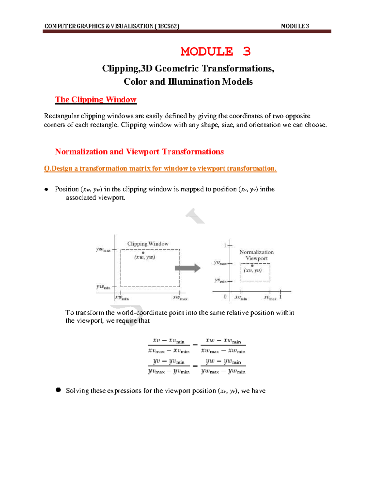 COMPUTER GRAPHICS VISUALISATION (18CS62) MODULE 3: Clipping & 3D ...