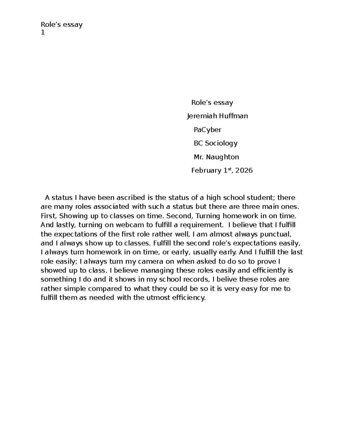 Essay 1: Roles of a High School Student - PaCyber BC Sociology - Studocu