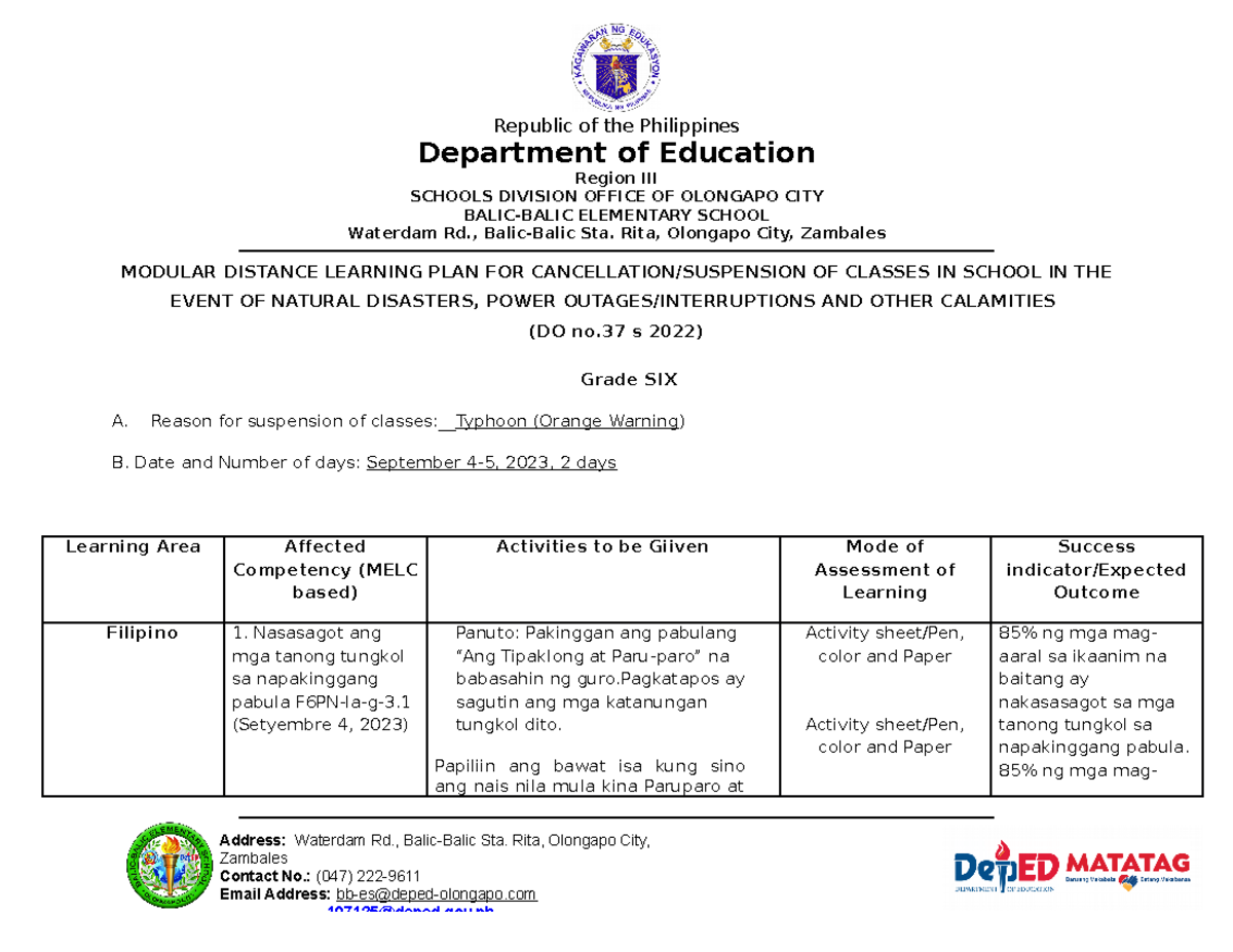 Modular Distance Learning Plan for Class Interruptions (DO no. 37 s ...