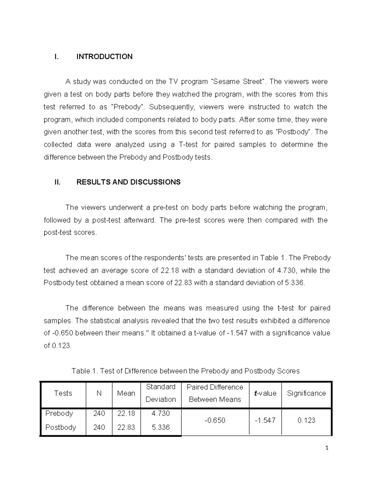 T-Test for Paired Samples Activity - I. INTRODUCTION A study was ...