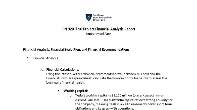 FIN 320 Final Project Financial Analysis Report - Financial ...