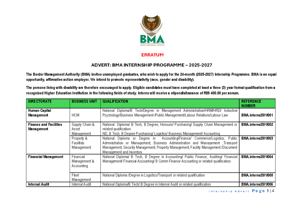 Internship Advert - 2025 Intake 24 April 2025 new PDF - ERRATUM ADVERT ...