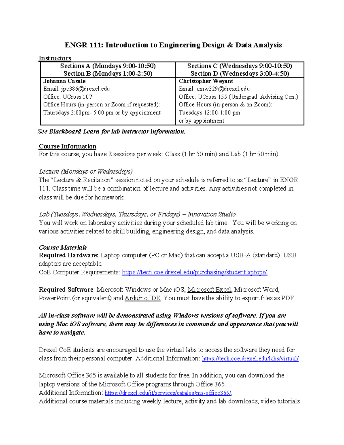ENGR 101 Introduction to Engineering Design Syllabus and Course Info ...