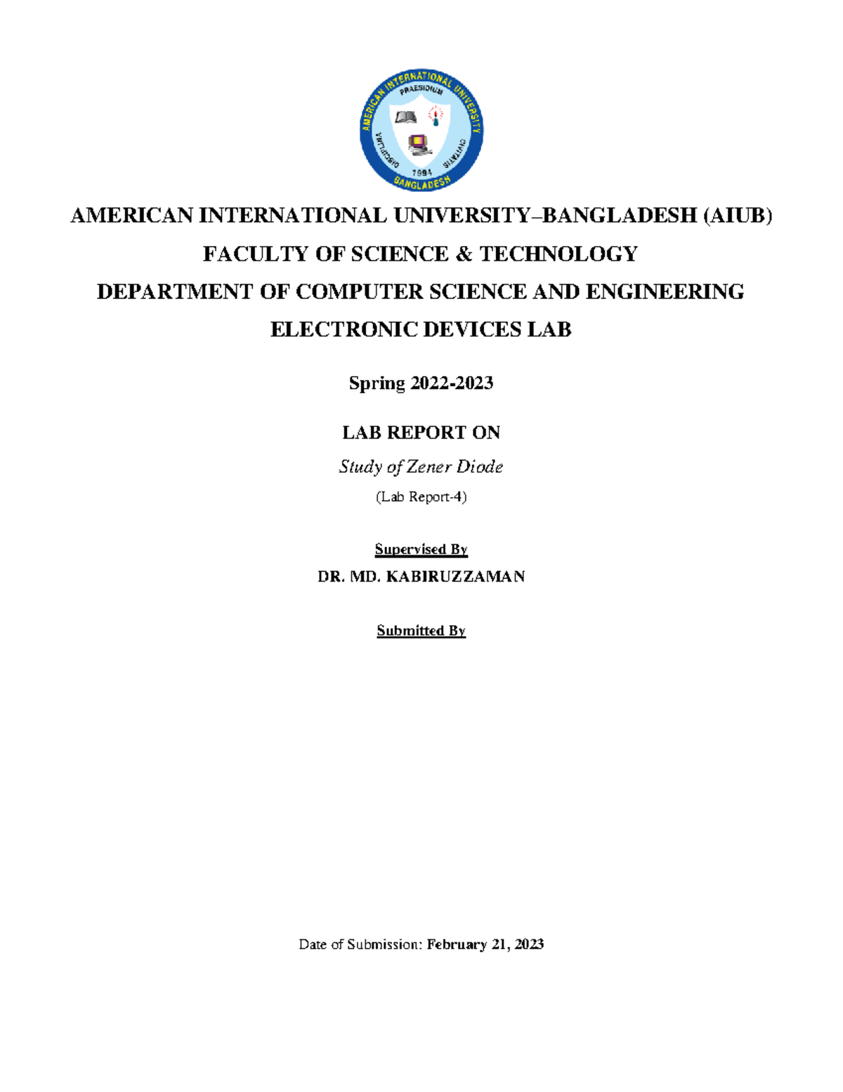 AIUB CSE Electronic Devices Lab - Zener Diode Study Report (Lab-4 ...
