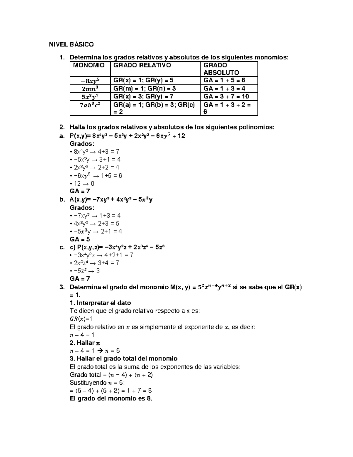 NIVEL BÁSICO 1: Grados Relativos y Absolutos de Monomios y Polinomios ...