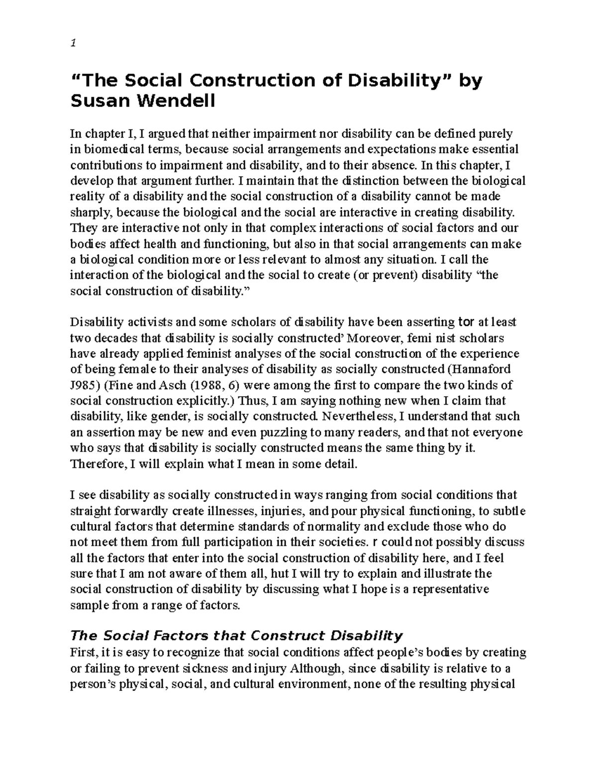 Wendell's Exploration of Disability's Social Construction: Chapter ...