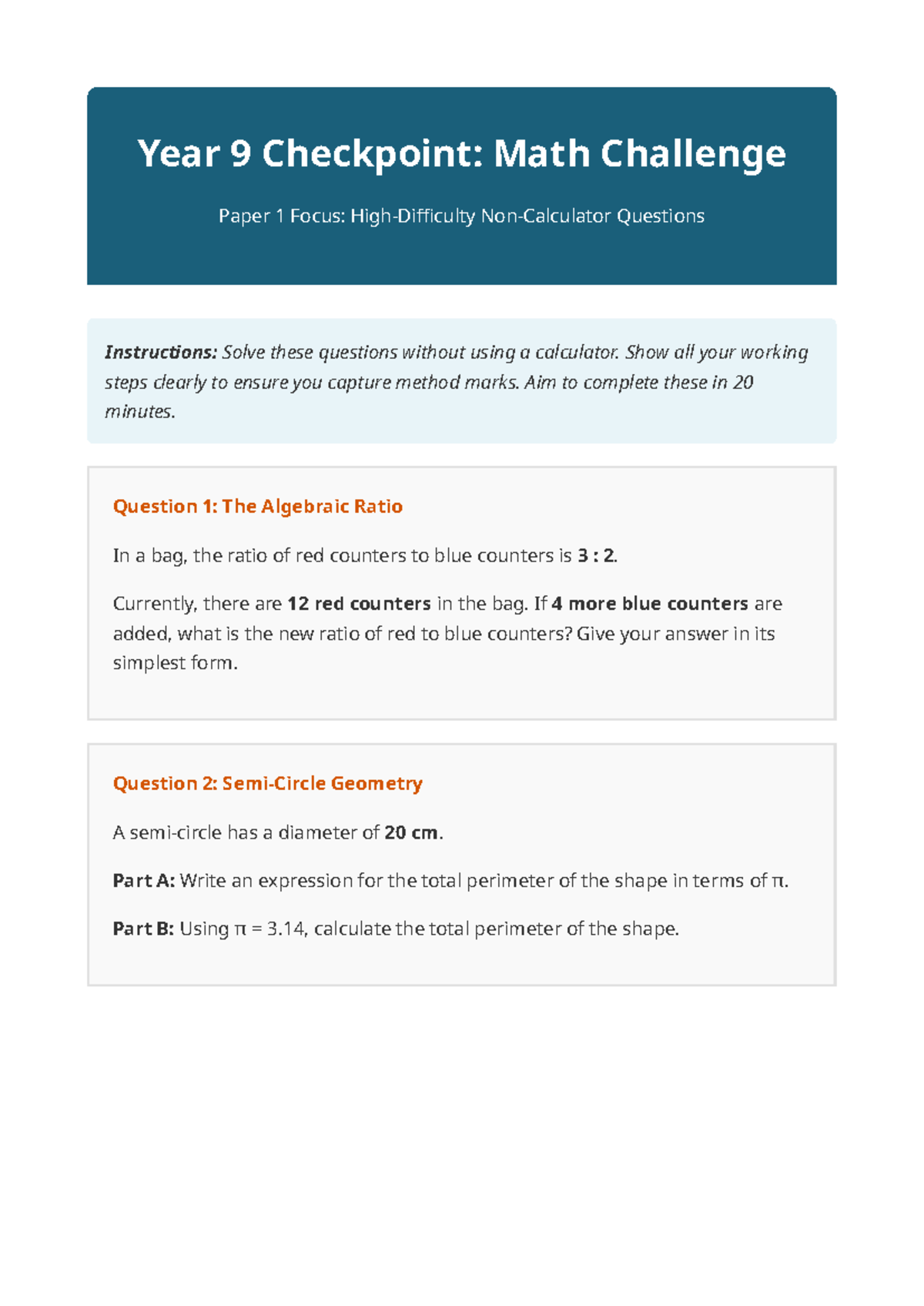 Year 9 Checkpoint: Math Challenge Paper 1 - Problem Solving Guide - Studocu