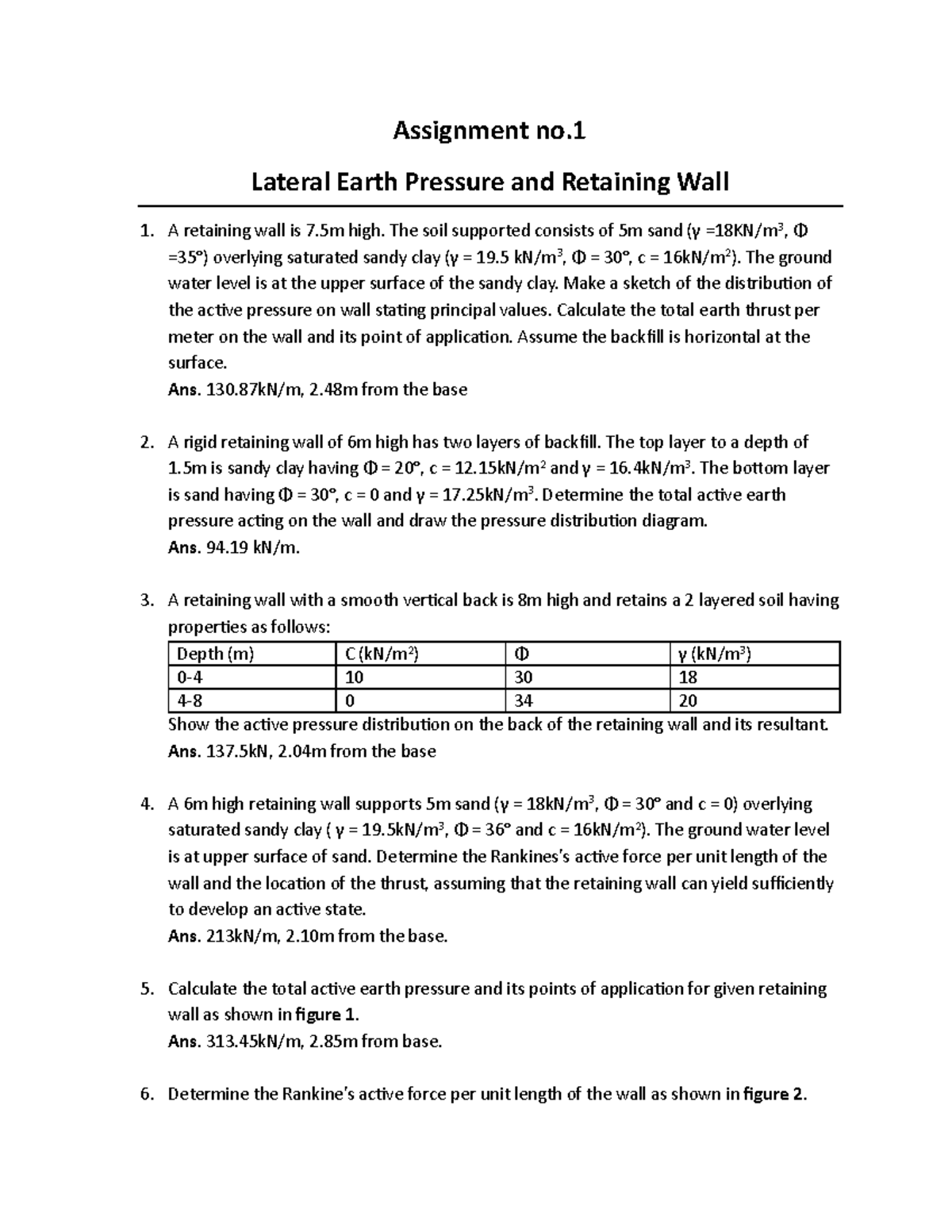 Assignment No. 1: Lateral Earth Pressure & Retaining Wall Analysis ...