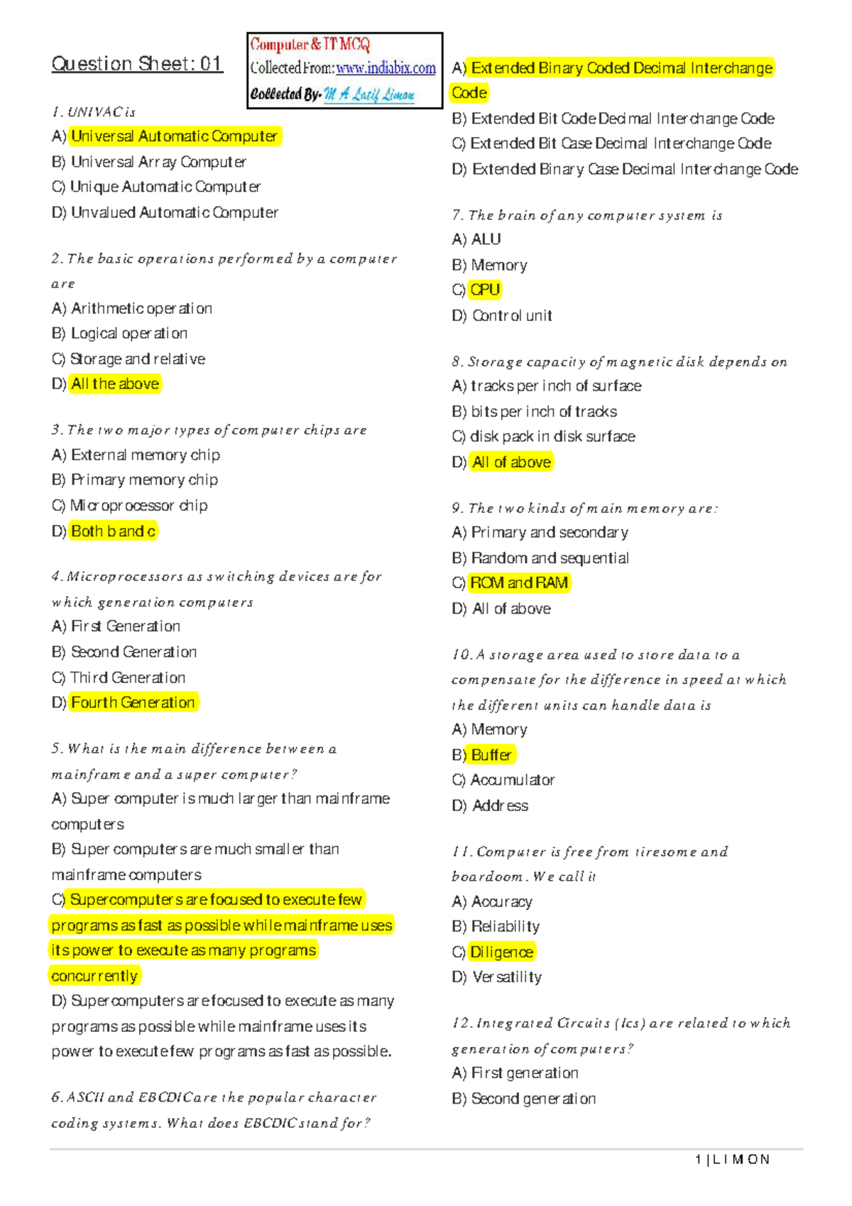 Indiabix Computer MCQ Question Sheet: 100 Questions on Fundamentals ...
