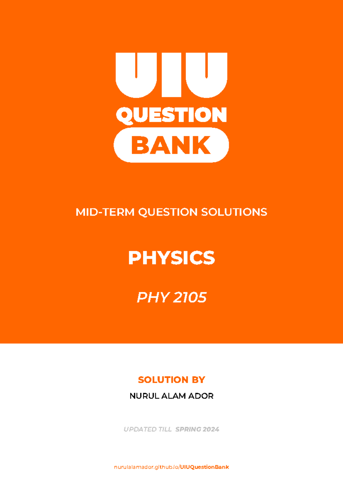 Physics PHY 2105 Midterm Solutions by Nurul Alam Ador (Spring 2024) - Studocu