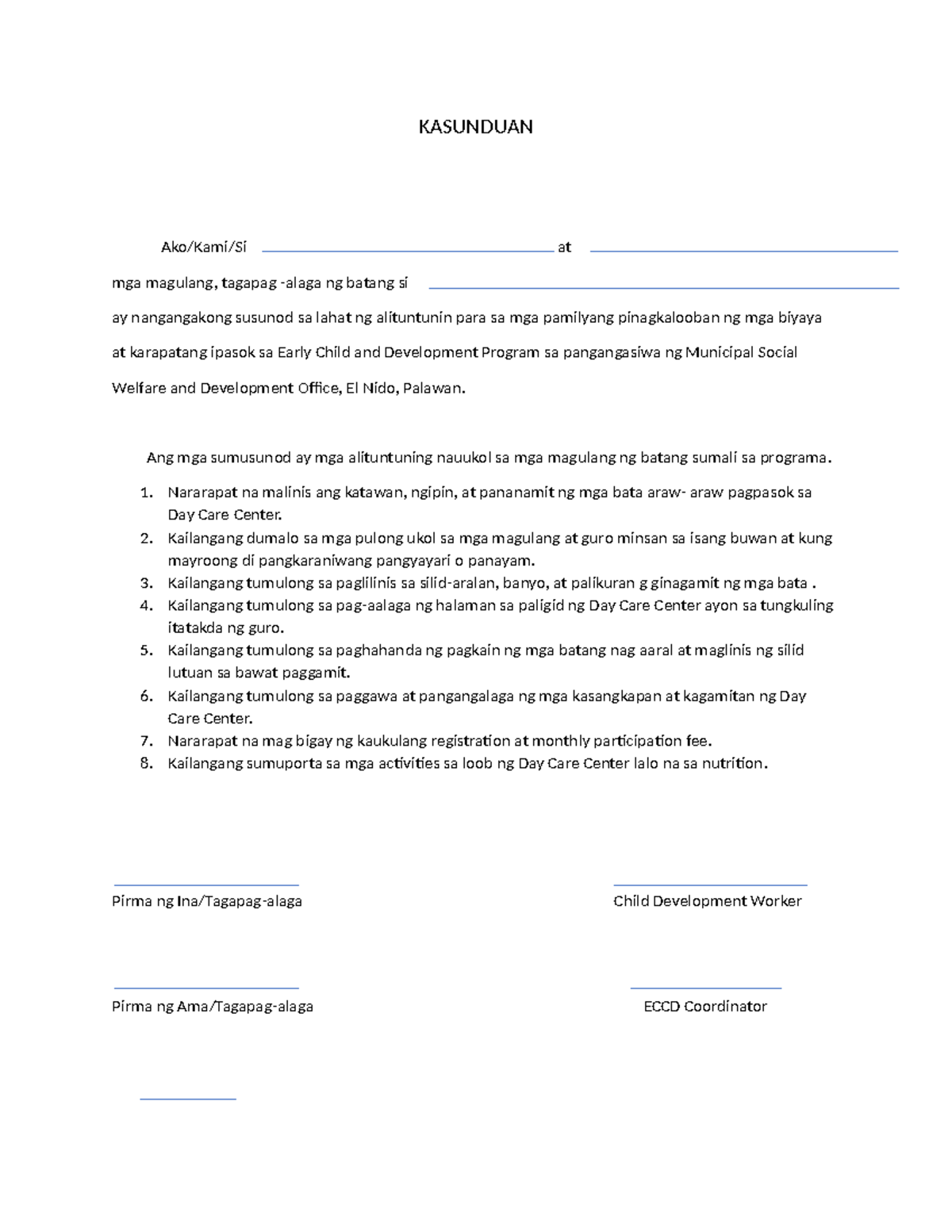 Kasunduan ng mga Magulang para sa Early Child Dev. Program (ECCD) - Studocu