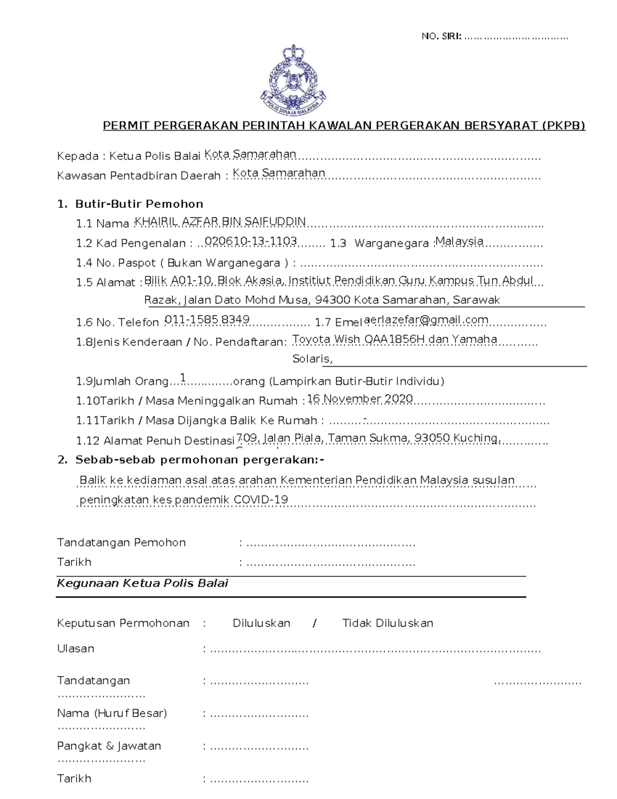Borang PDRM PKPB (EREL): Permohonan Pergerakan Kenderaan - Studocu