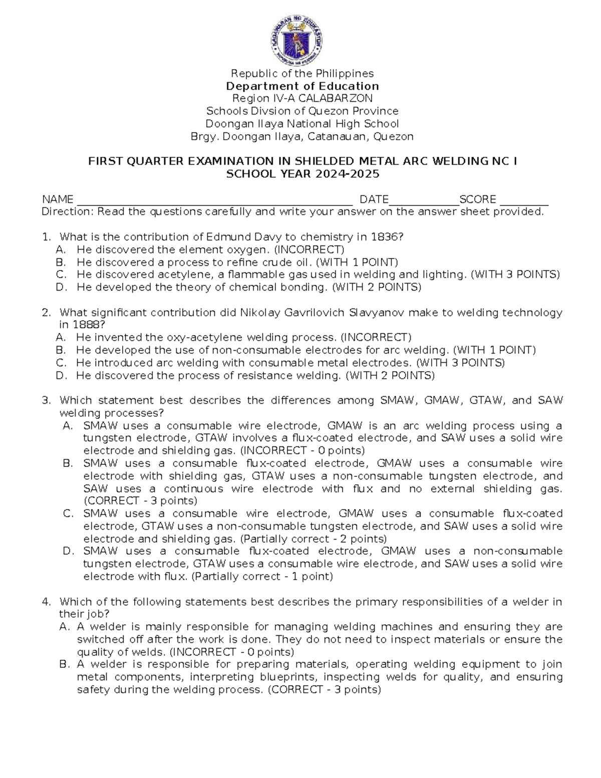 First Quarter Exam in Shielded Metal Arc Welding NC I SY 2024-2025 ...