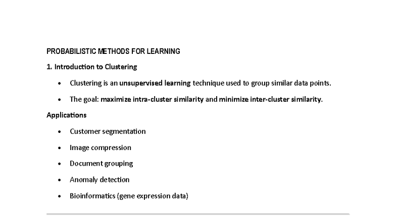 Probabilistic Methods for Learning: Clustering & RL Overview - Studocu