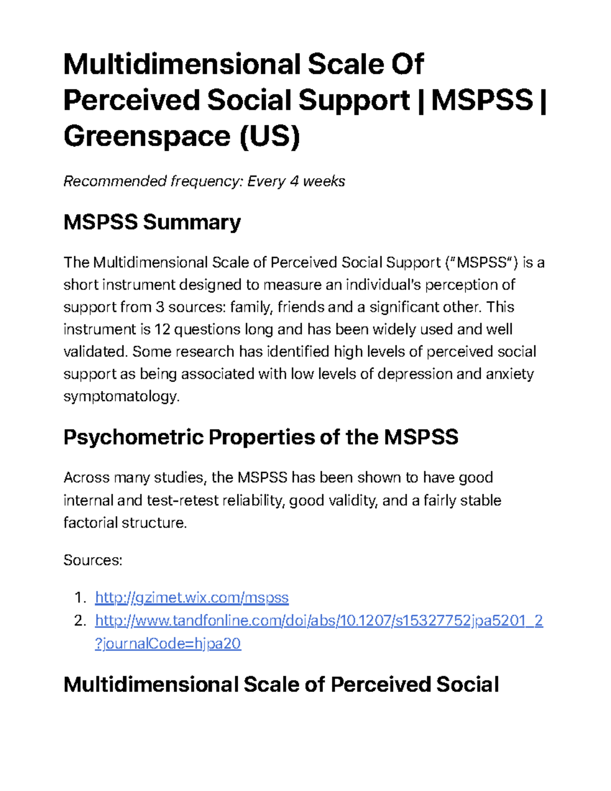 Multidimensional Scale Of Perceived Social Support Mspss Greenspace (US ...