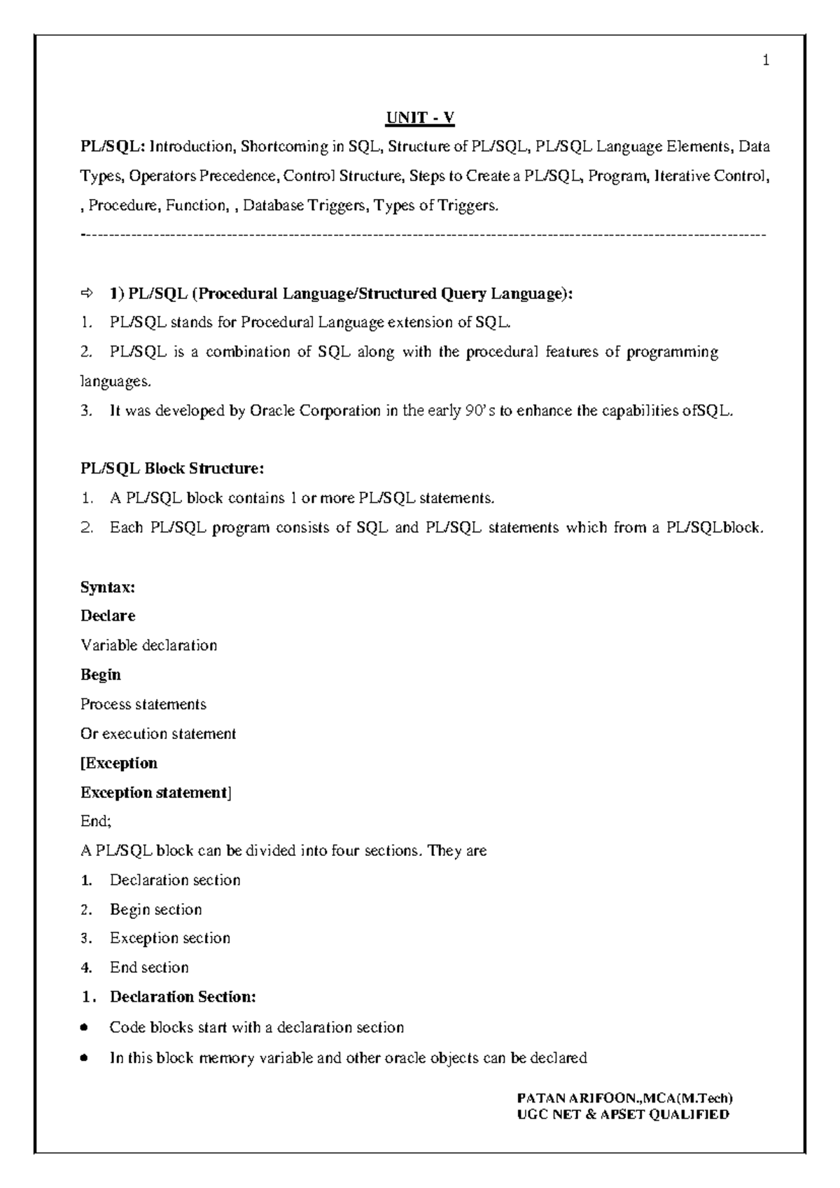 DBMS MCA Final Exam Unit V: PL/SQL Control Statements & Procedures - Studocu