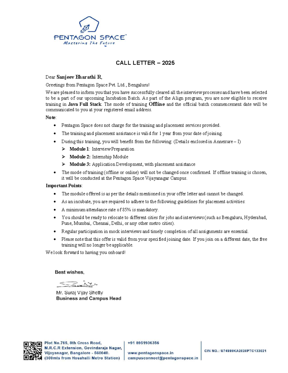 TM CALL LETTER 2025 - Java Full Stack Training at Pentagon Space - Studocu