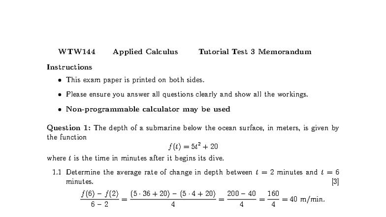 Tut test 3 Memo - Nothing - WTW144 Applied Calculus Tutorial Test 3 ...