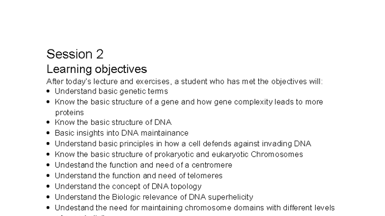 BIO101 Lecture: Session 2 Learning Objectives on Genetics and DNA - Studocu