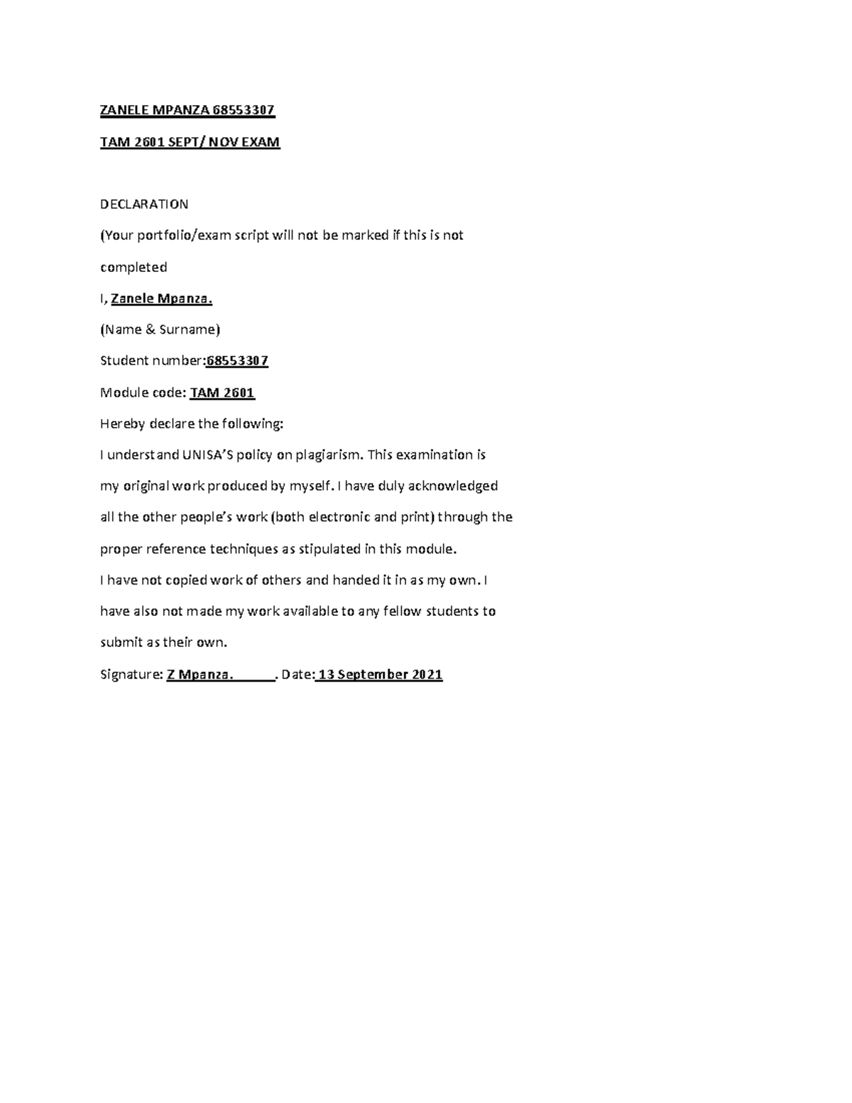 TAM 2601 SEPT/NOV EXAM - Student Portfolio Declaration & Strategies ...