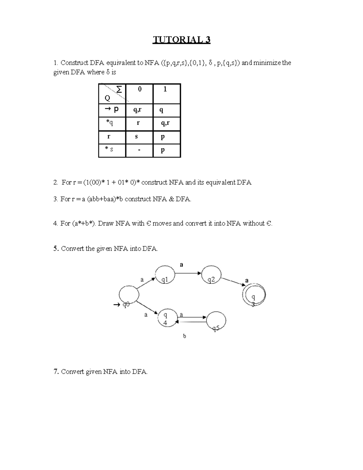 Tutorial 3: DFA and NFA Conversions and Minimization Techniques - Studocu