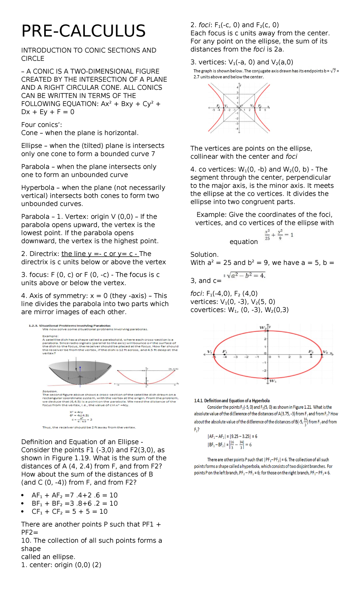 Precal - Introduction to Conic Sections and Circles Notes - Studocu