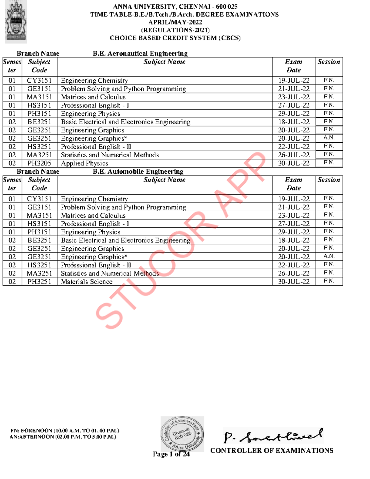 Anna University B.E. Time Table for CBCS R21-1 Semester Exams - Studocu