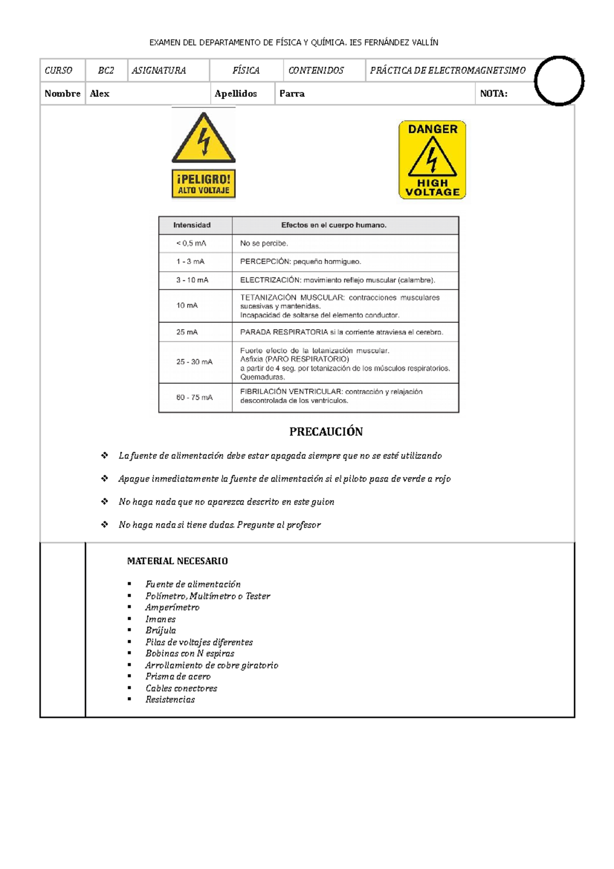 BACH2 Electromagnetsimo 1 LAB 123 - CURSO BC2 ASIGNATURA FÍSICA ...