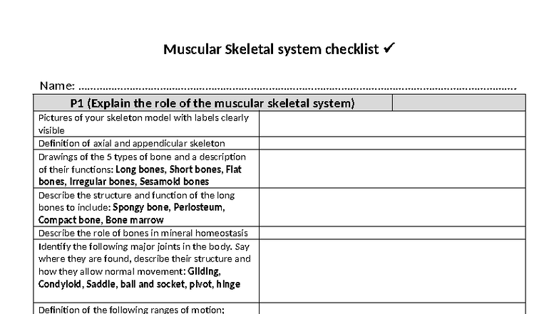 Muscular Skeletal System Checklist P1 & P2: Structure, Function, and ...