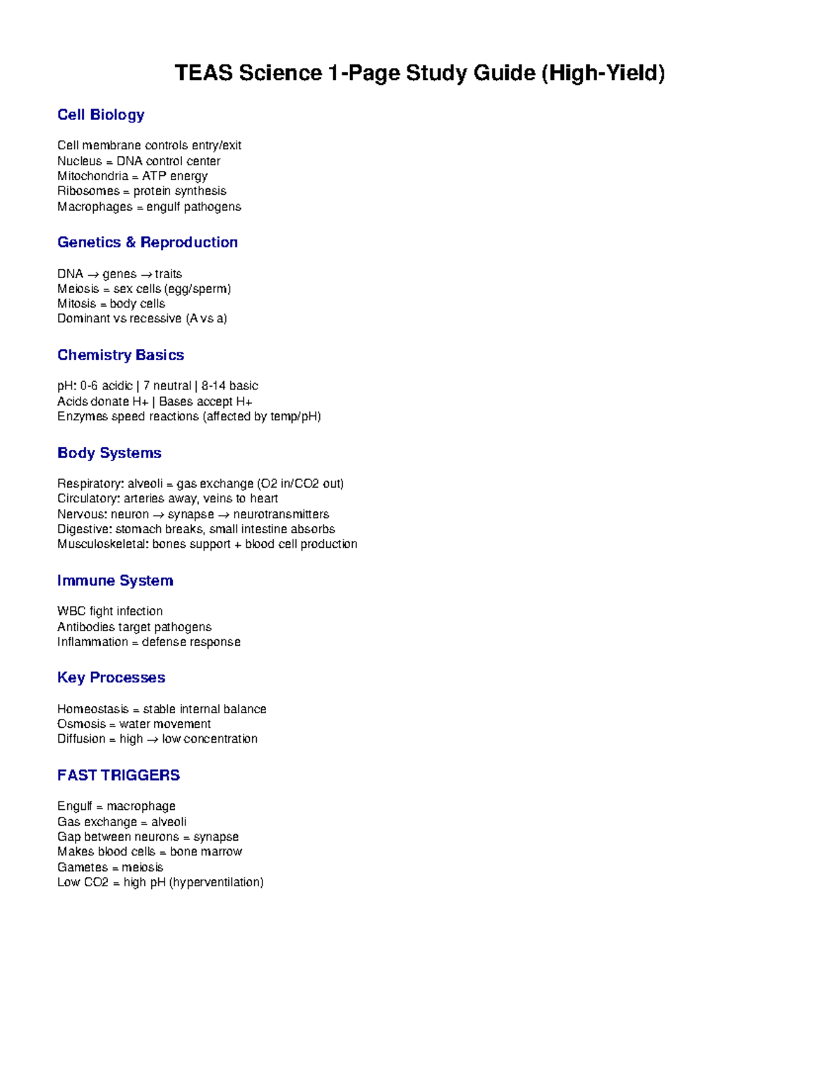 TEAS Science 1-Page Study Guide: Key Concepts in Biology and Systems ...