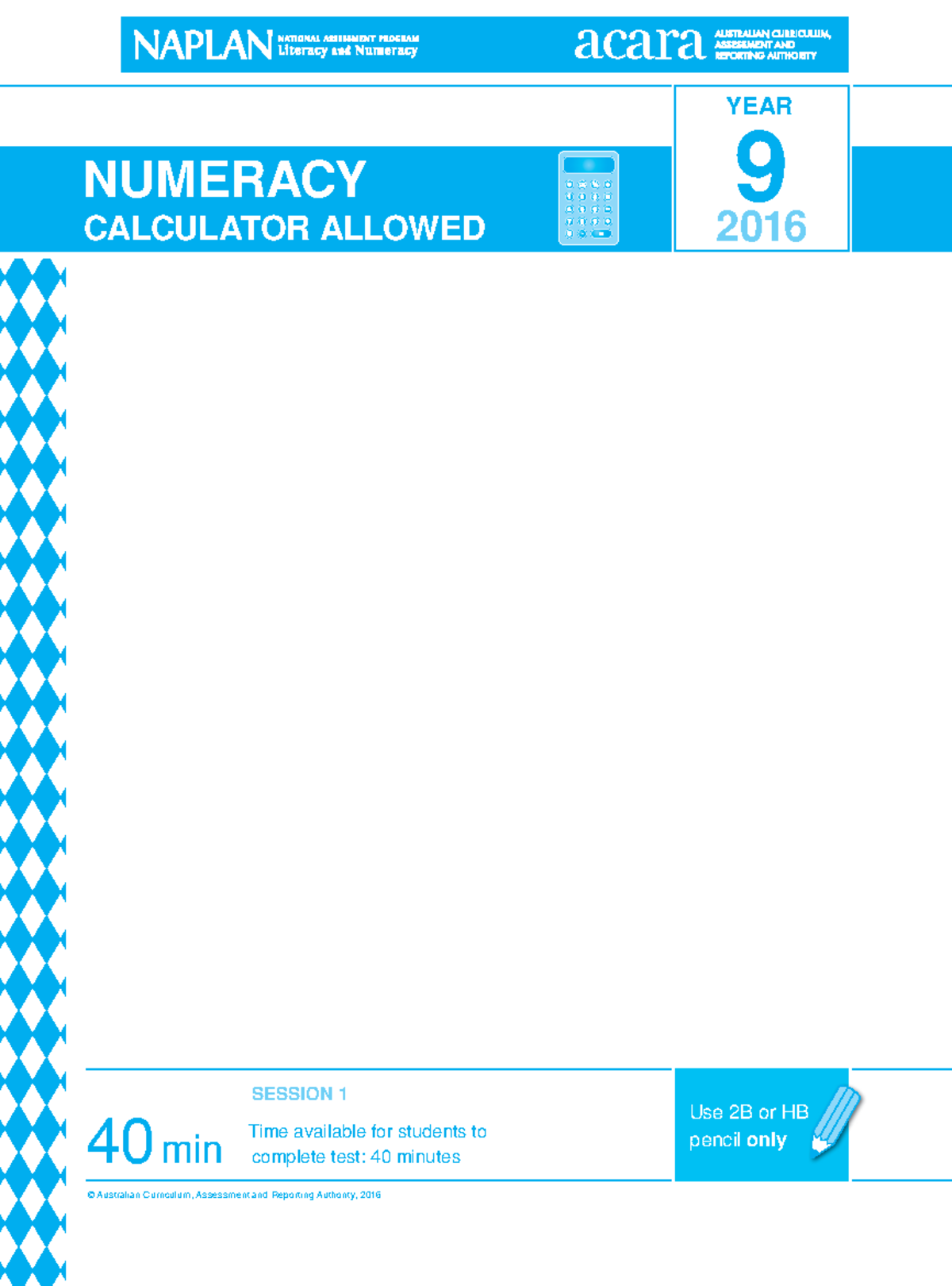 2016 Year 9 NAPLAN Final Test - Numeracy and Calculator Allowed - Studocu
