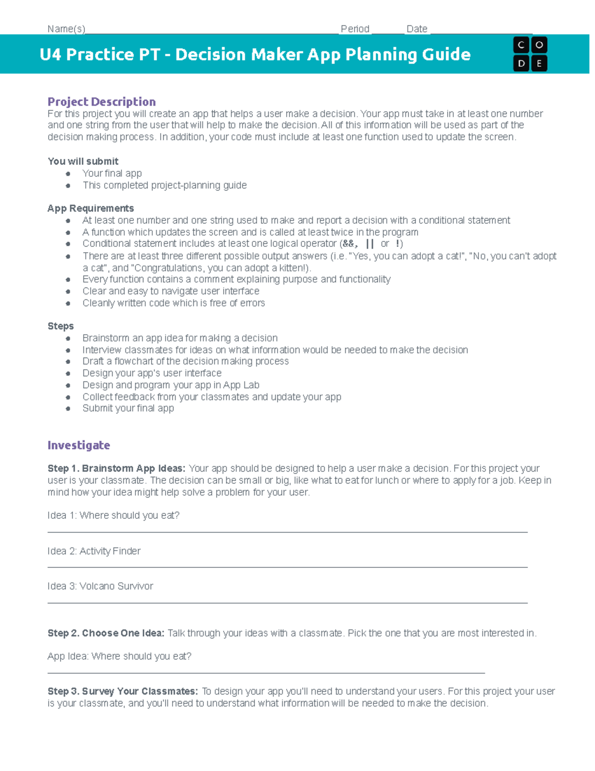 CSP U4 Practice PT App Decision Maker Planning Guide - Studocu