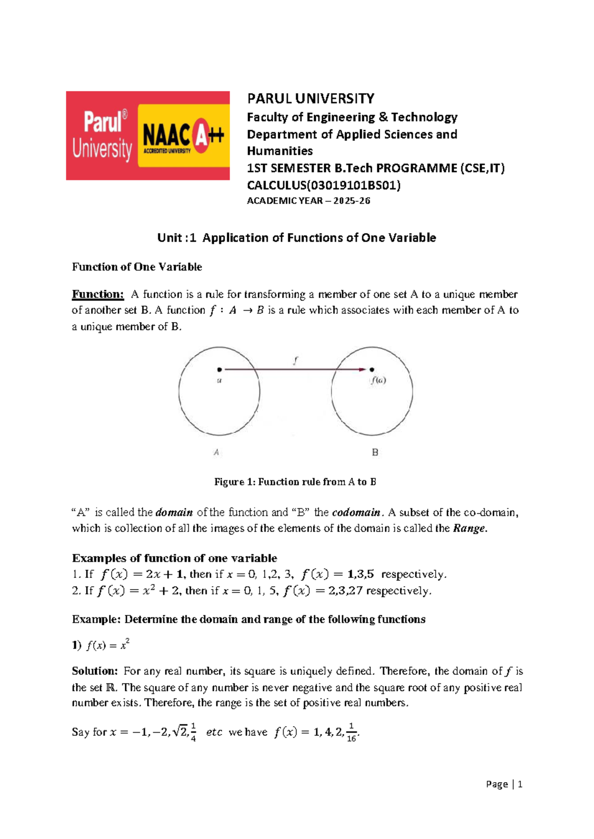 Unit 1: Applications of Functions of One Variable (03019101BS01) - Studocu