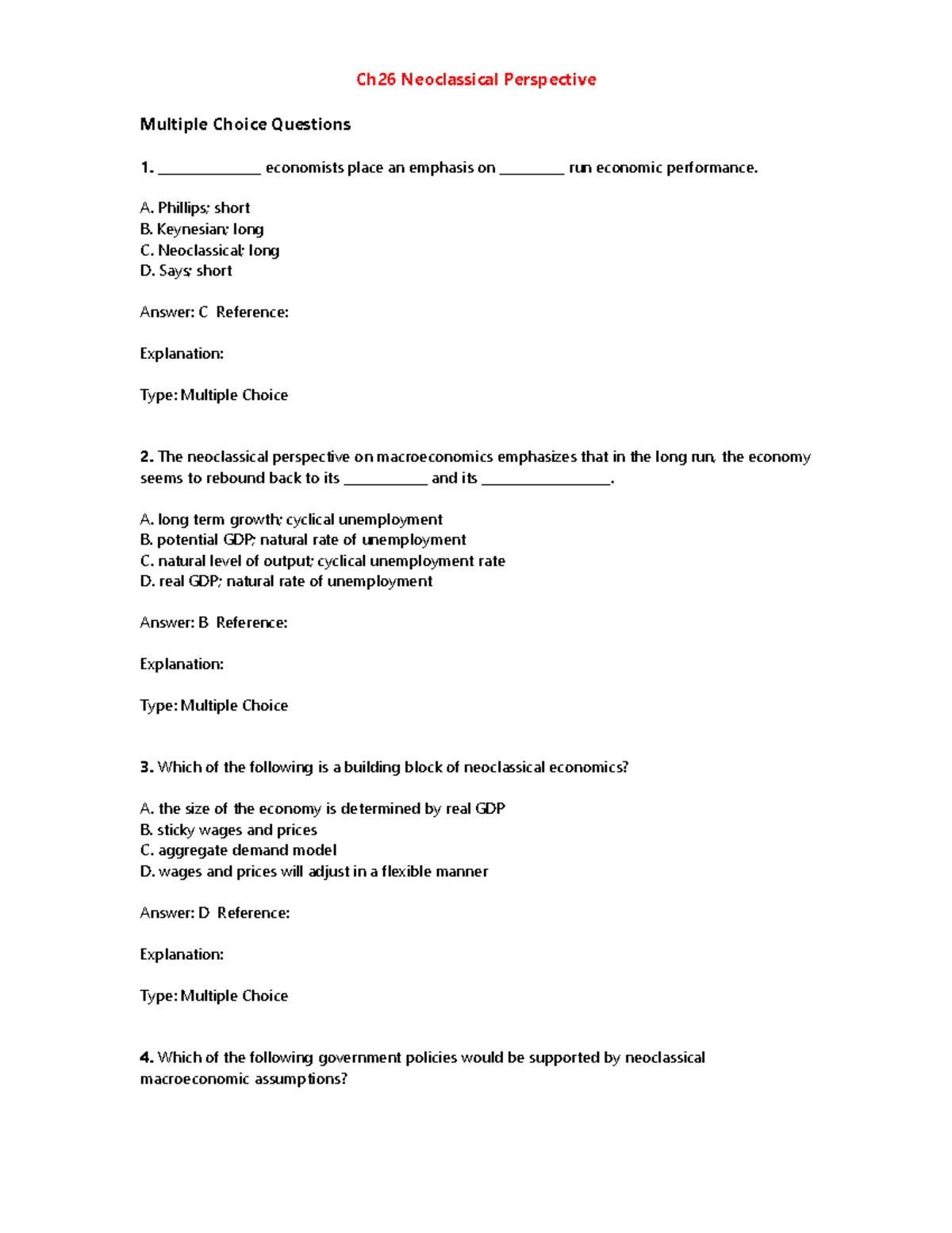 Ch26 Neoclassical Perspective - Ch26 Neoclassical Perspective Multiple Choice Questions - Studocu