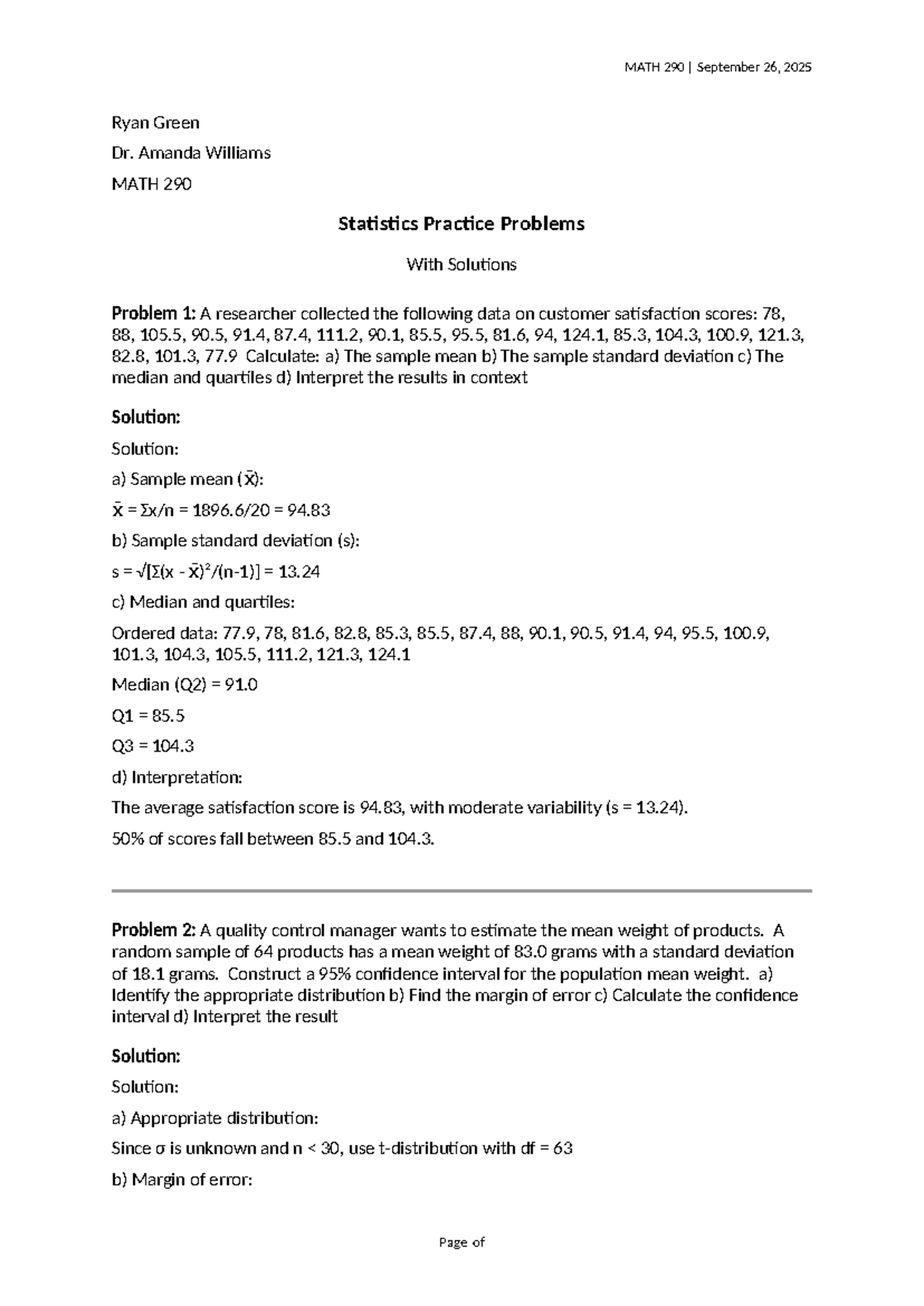 Math 290 Statistics Practice Problems Solutions Fall 2025 Studocu