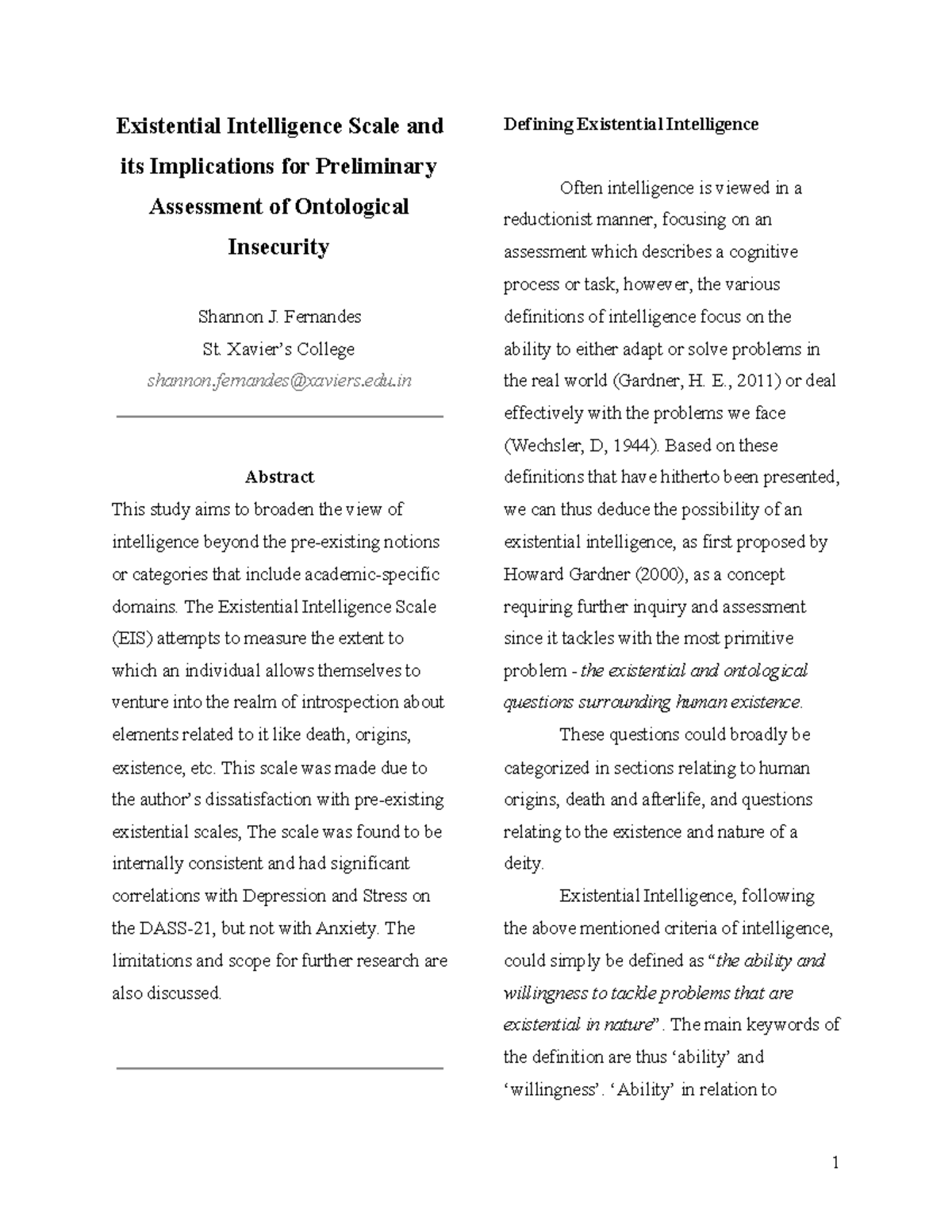 Existential Intelligence Scale (EIS): Implications for Assessing ...