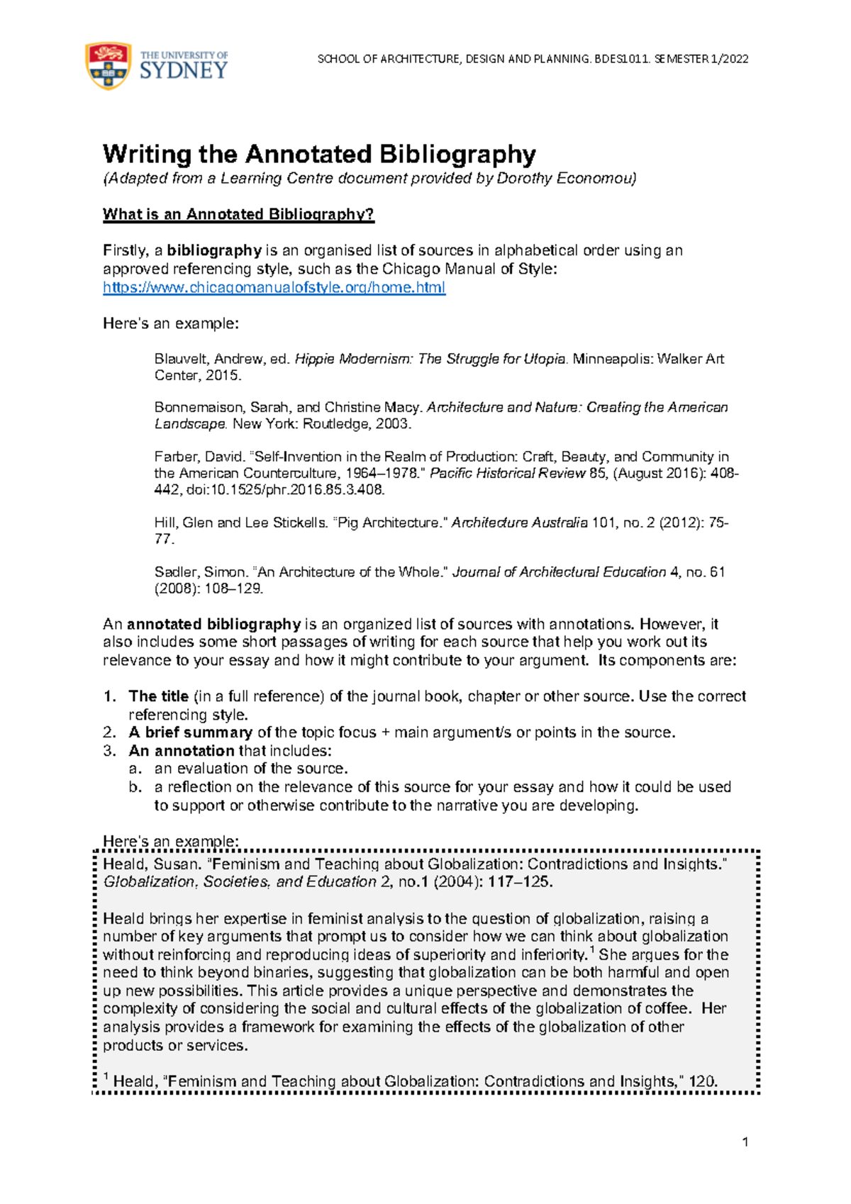 BDES1011 2022 Annotated Bibliography Writing Guide - Studocu
