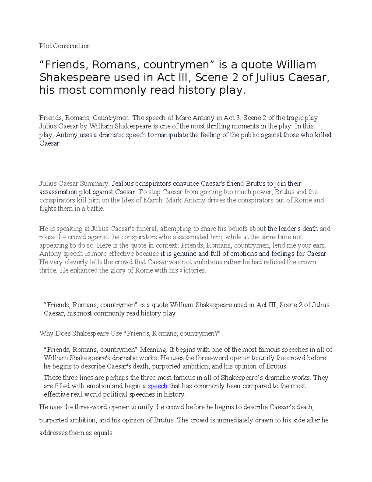 Julius Caesar (HIST 101) Act III, Scene 2: Analyzing Antony's Speech ...