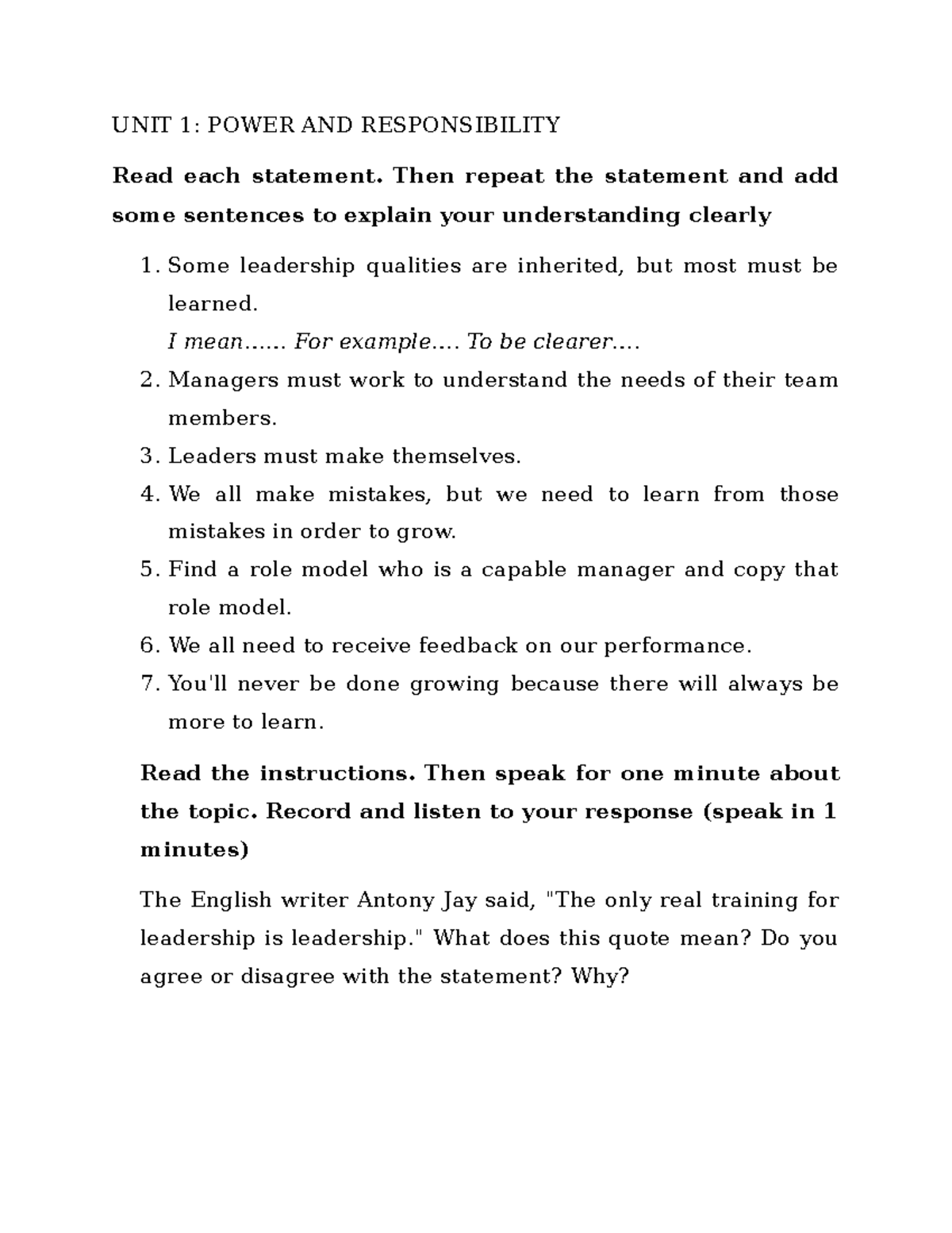 UNIT 1 - Leadership Qualities & Team Management Exercises - Studocu