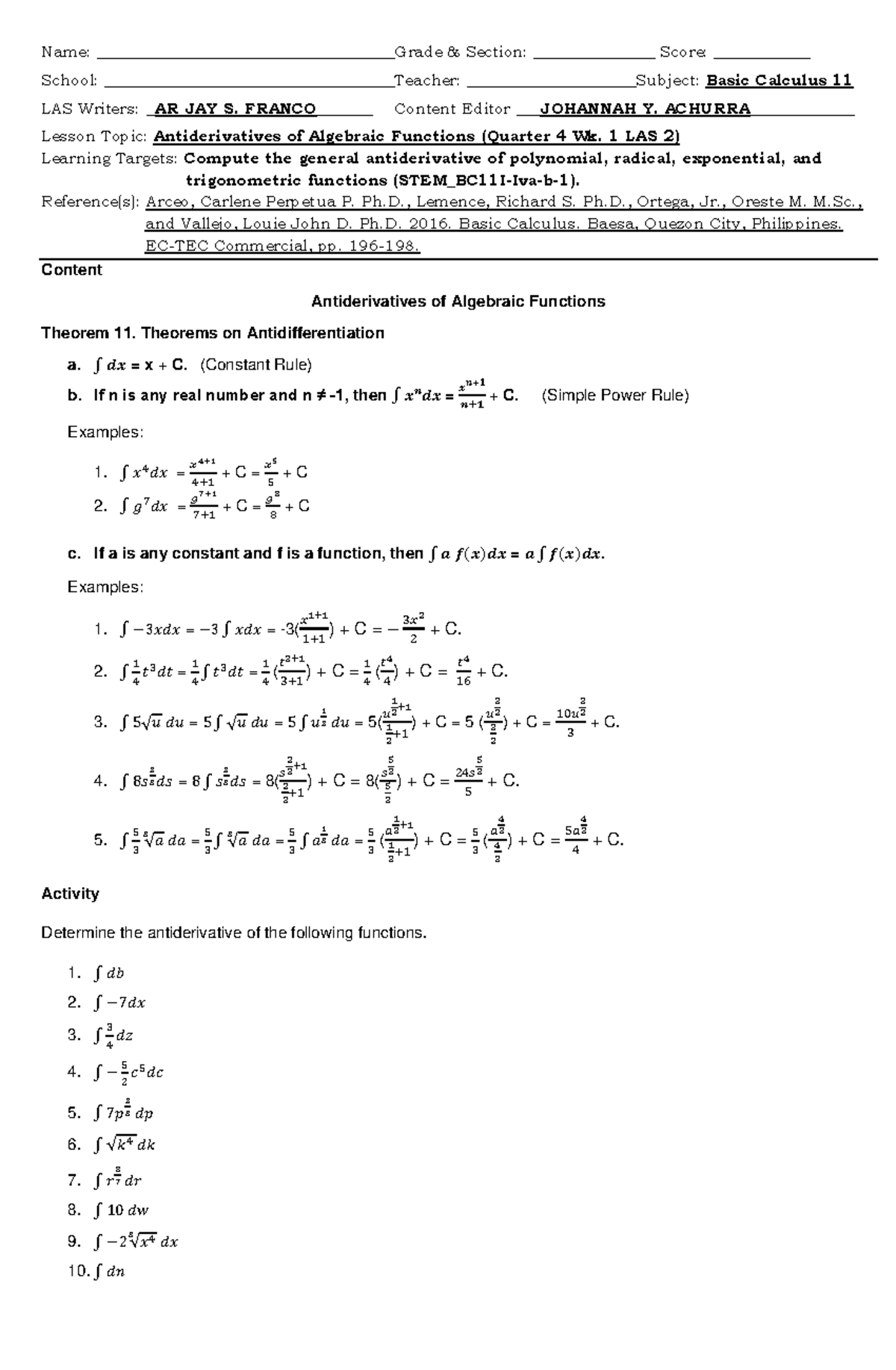 Basic Calculus 11 Q4 Wk. 1 LAS 2: Antiderivatives of Functions - Studocu