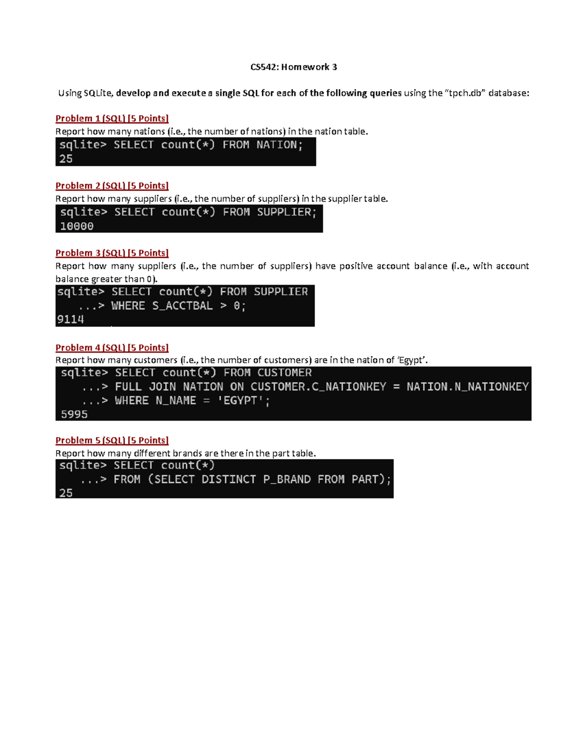 CS542: Homework 3 - SQL Queries Using tpch.db Database - Studocu