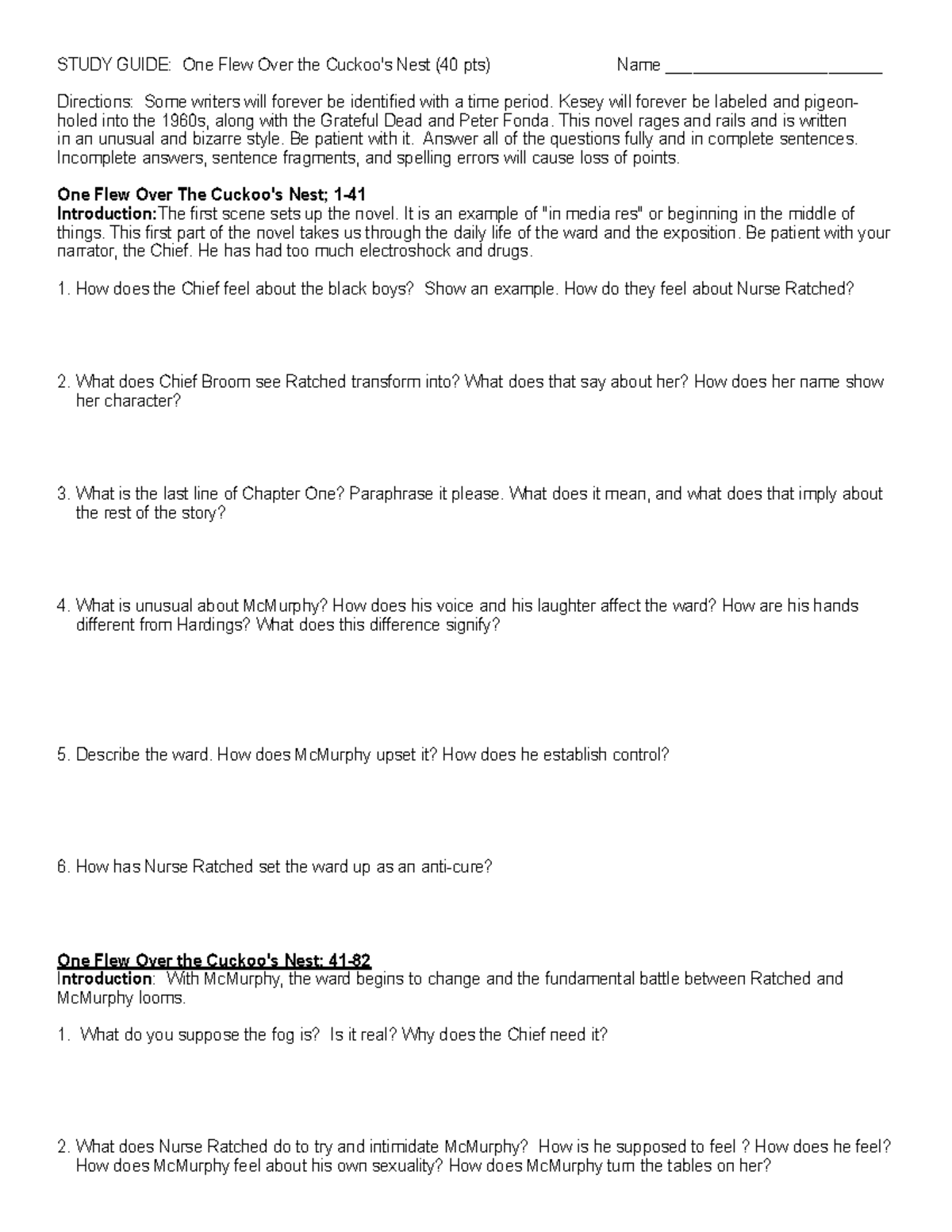 STUDY GUIDE: One Flew Over the Cuckoo's Nest (40 pts) Analysis ...