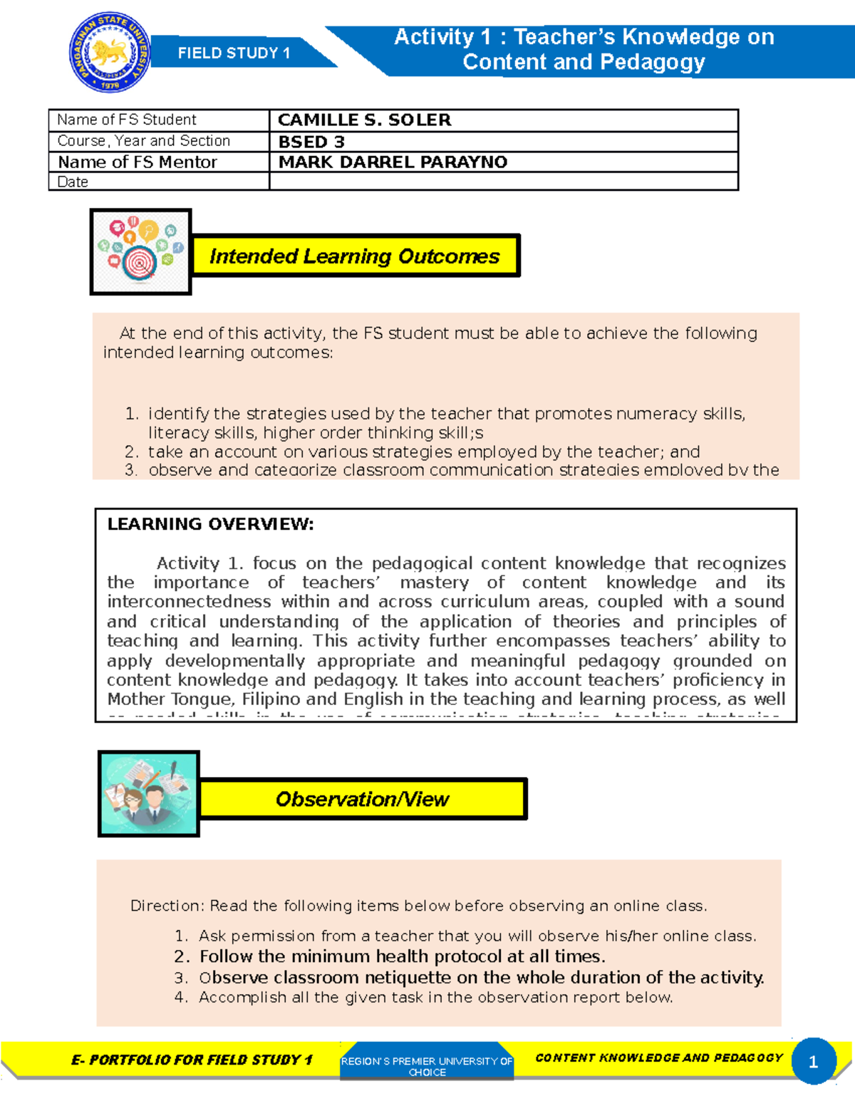 FS1 Activity-1 Reflection on Pedagogy by BSED 3 Group 2 Soler C - Studocu