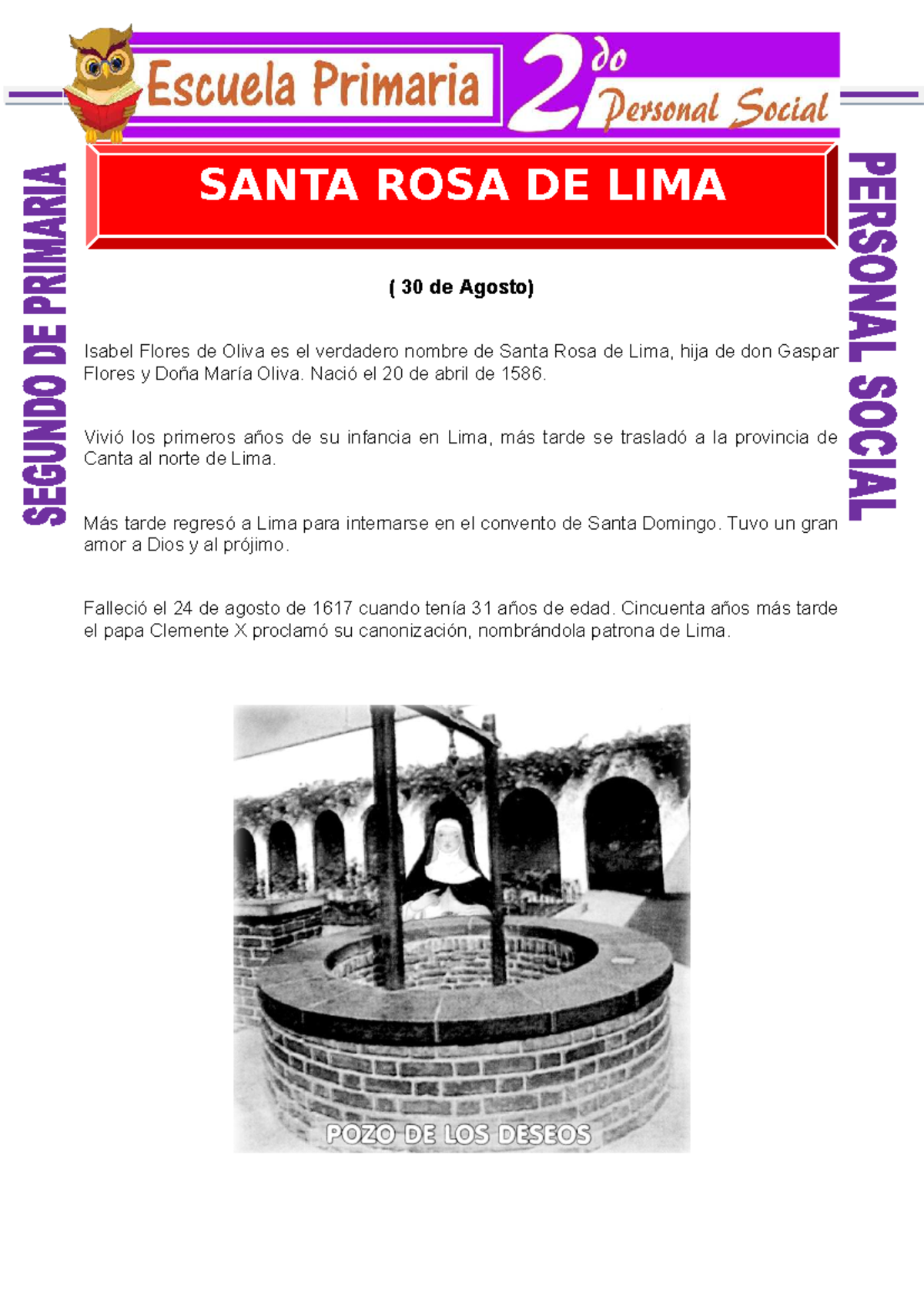 Santa Rosa de Lima: Biografía para 2º de Primaria - Studocu